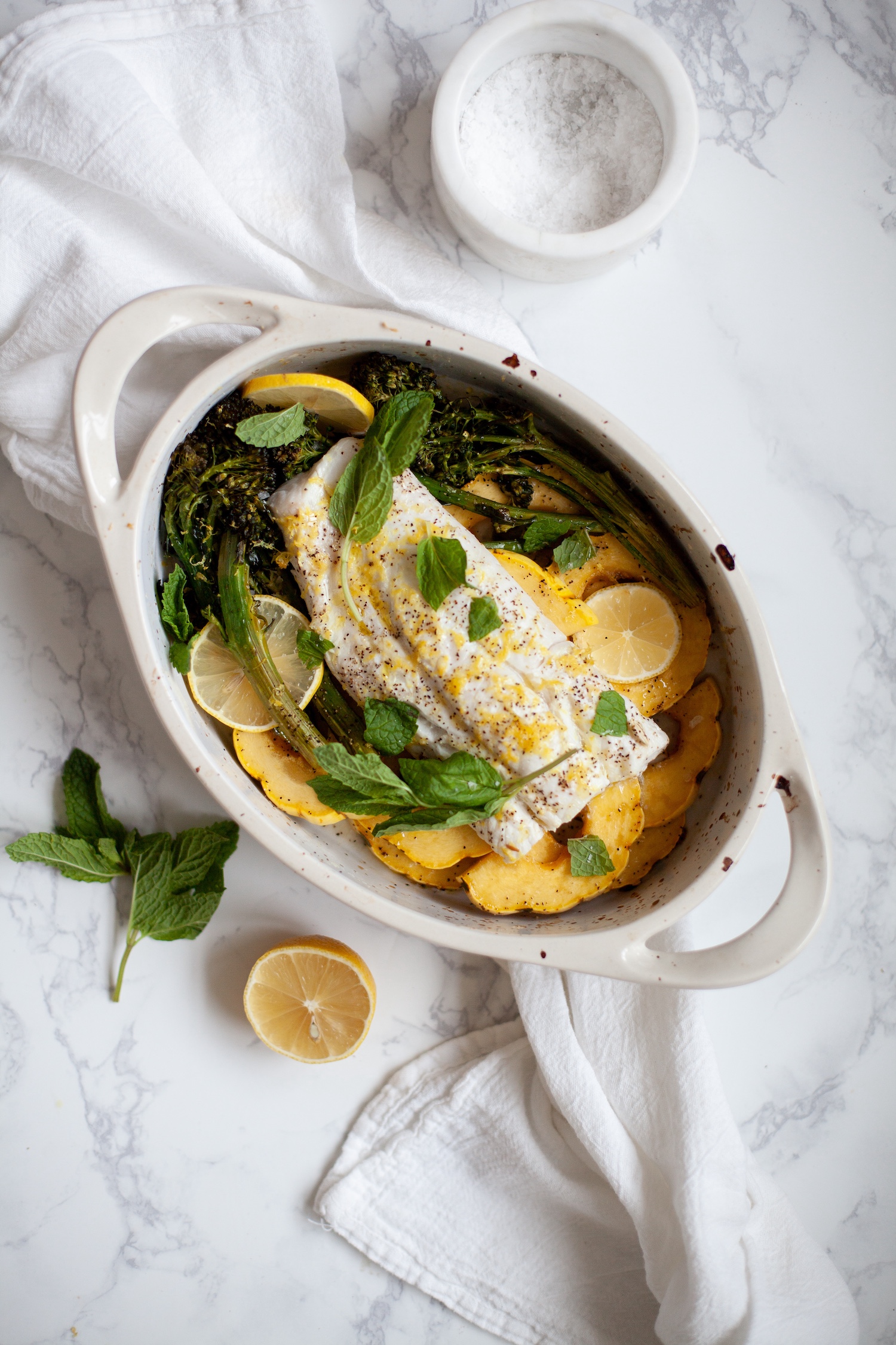 Slow Roasted Cod with Broccolini, Winter Squash, And Mint - Camille Styles