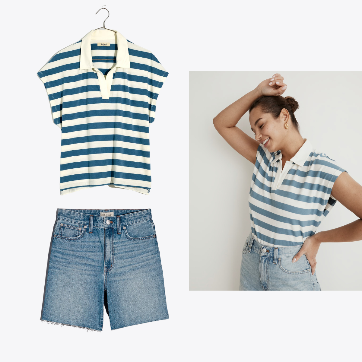 casual-spring-brunch-outfit-idea-denim-shorts-striped-shirt-1 - Camille ...
